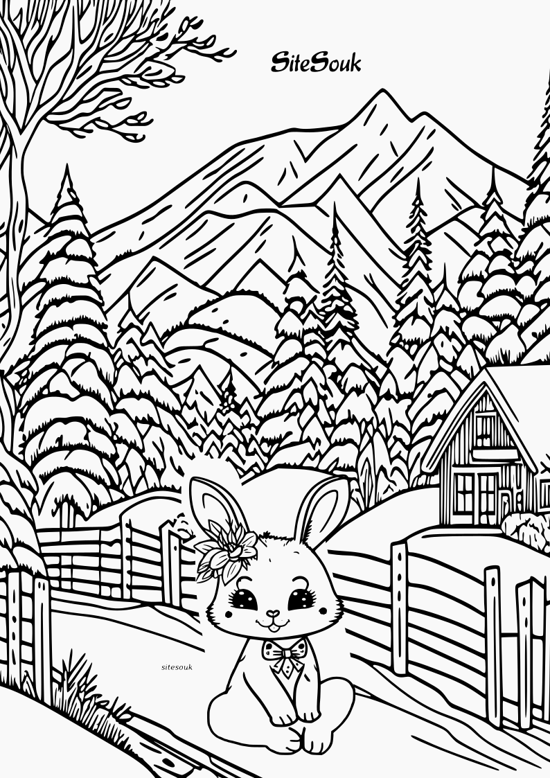Free Printable Snow Bunny coloring pages in Snow Landscape