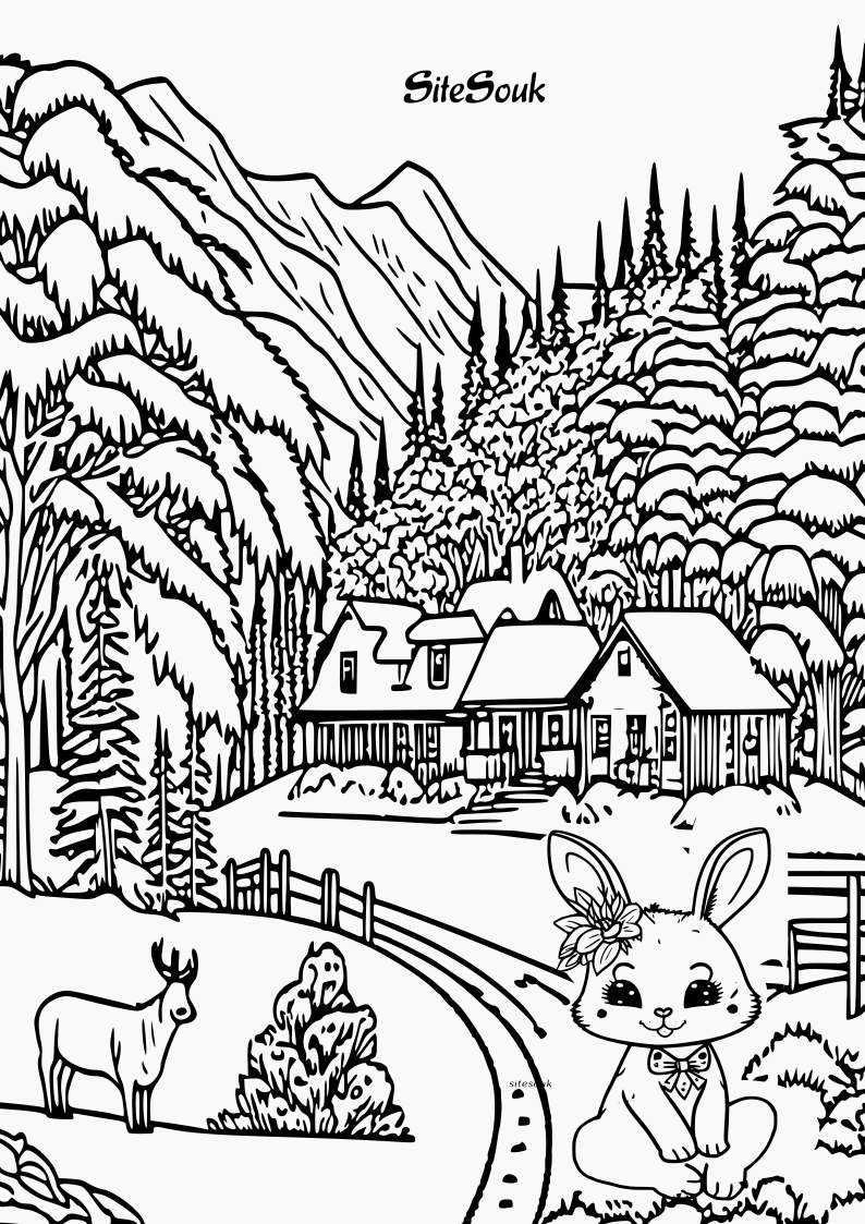 Free Printable Snow Bunny coloring pages in Snow Landscape